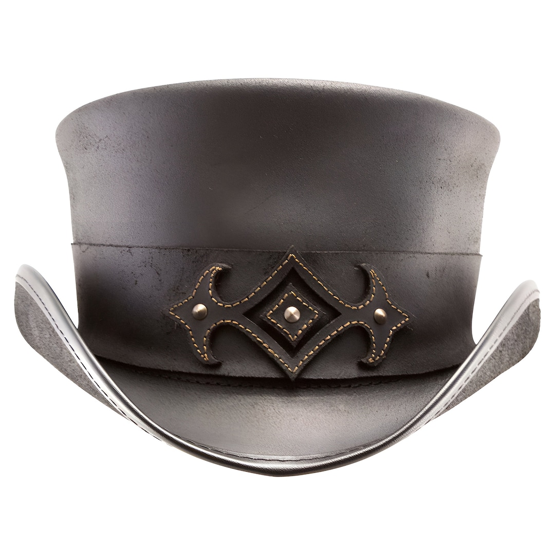Black Leather Top Hat Handcrafted Top Hat Star Crown Style Band Gothic ...