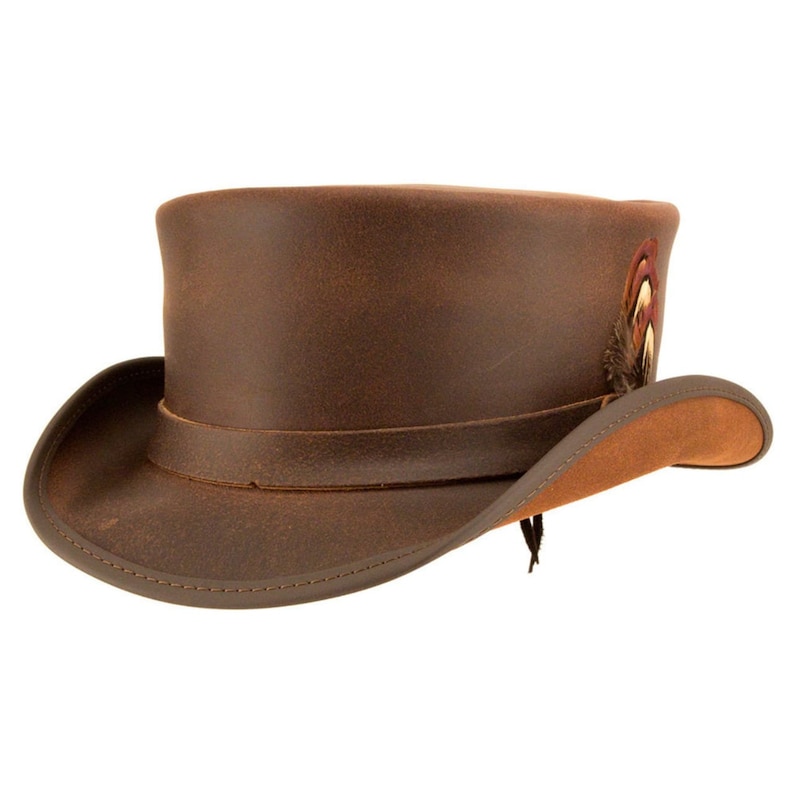 Brown Leather Top Hat Handcrafted Top Hat Silver Feather Style Band ...