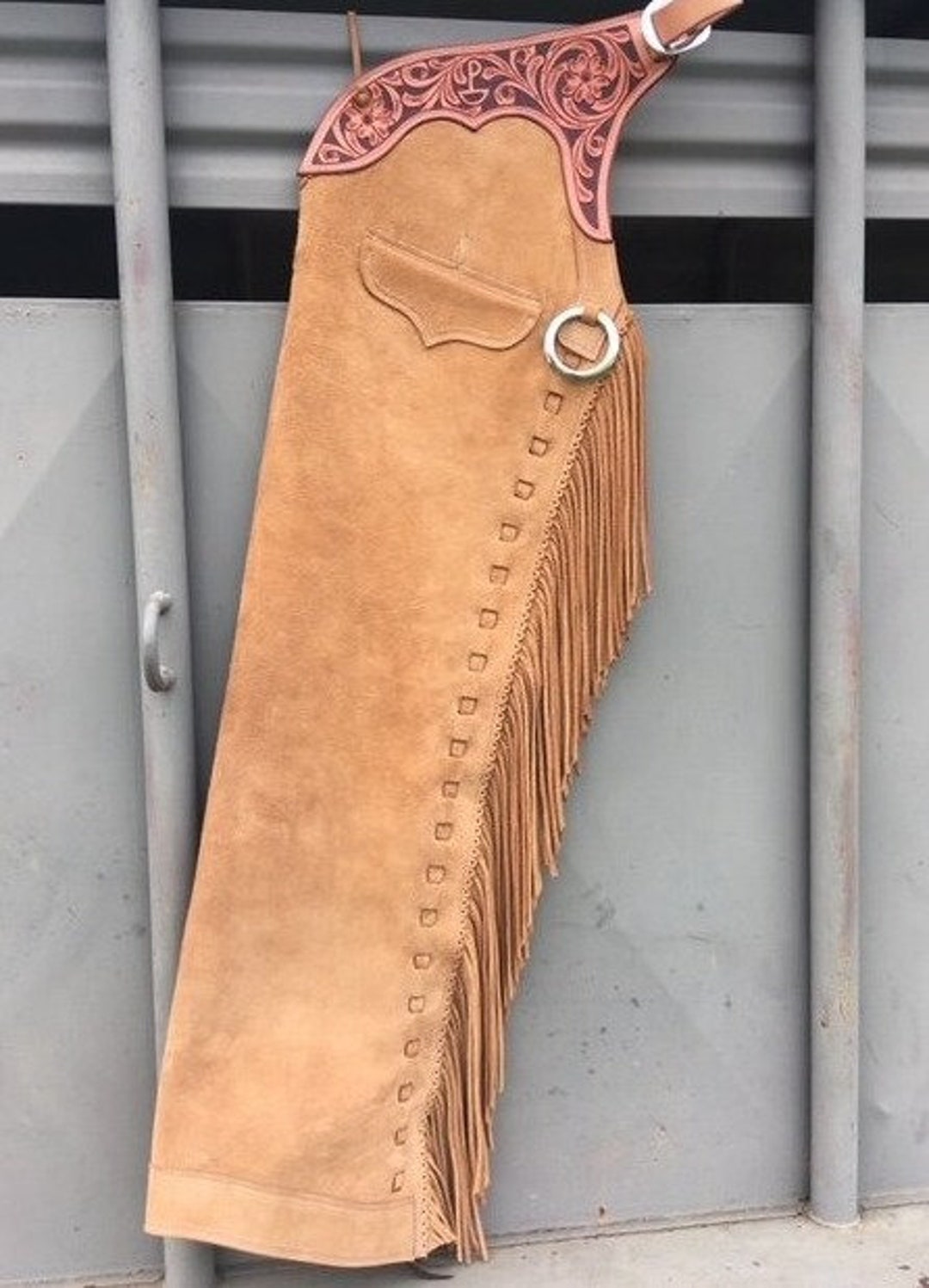 Men Chap Hand Crafted Tooled Yoke Native American Cowboy Style Suede ...