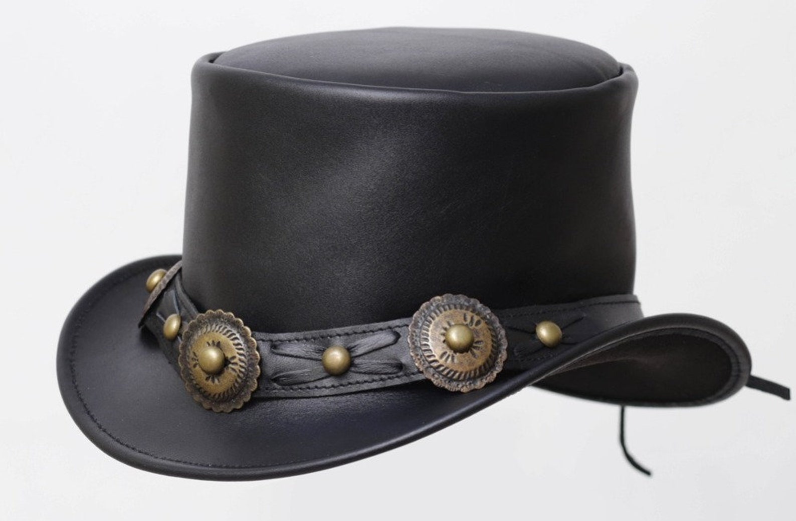 Black Leather Top Hat Handcrafted Leather Hat , Conchos Style Band ...