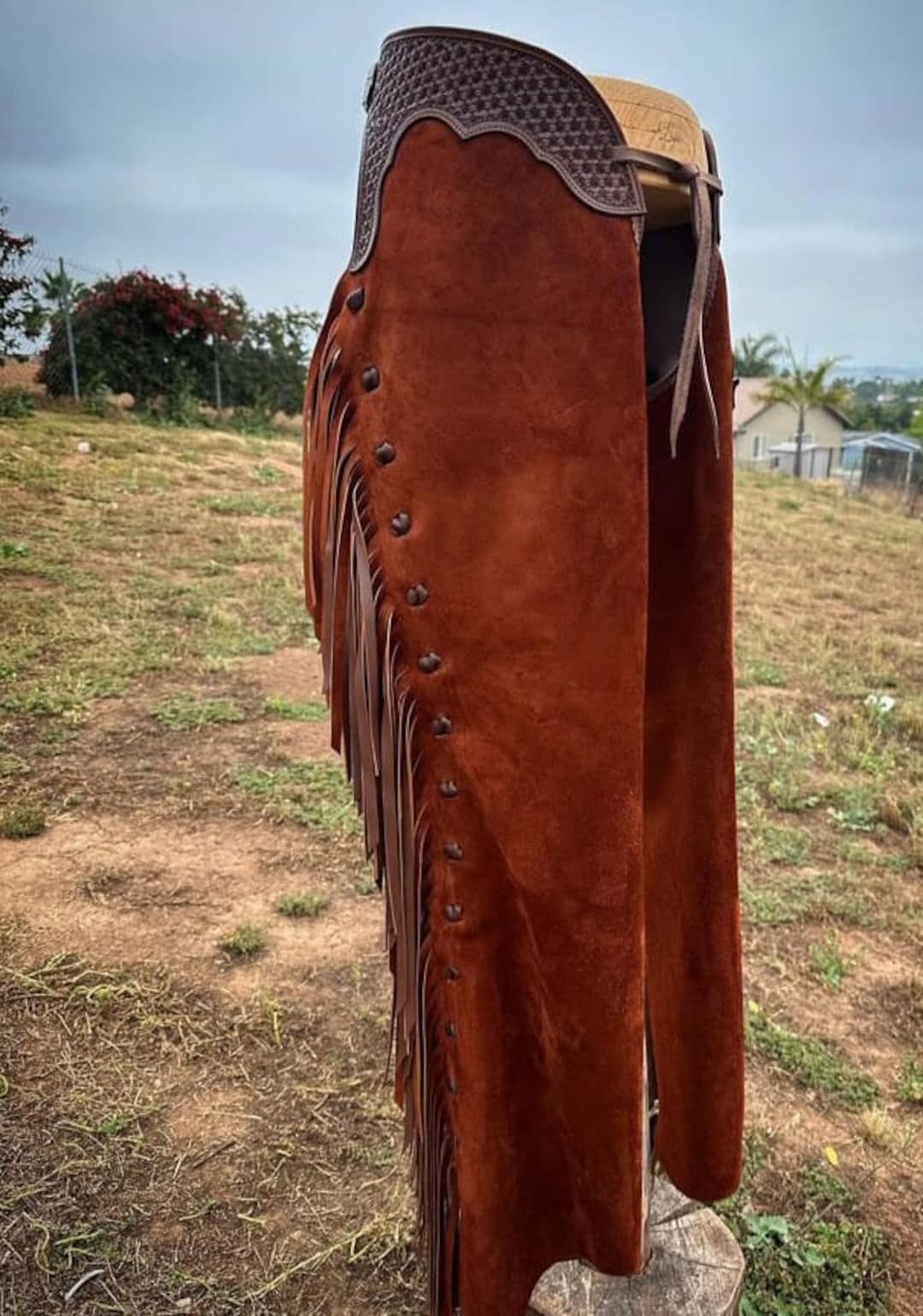 Men Chap Hand Crafted Tooled Yoke Native American Cowboy Style Suede ...