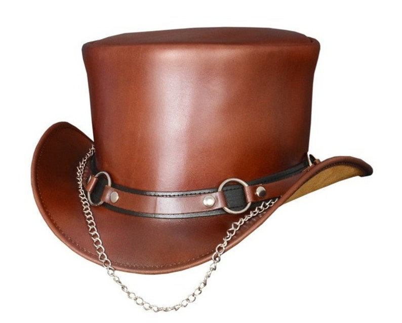 Brown Leather Chain Band Style Top Hat Handcrafted Top Hat Gothic Hat ...