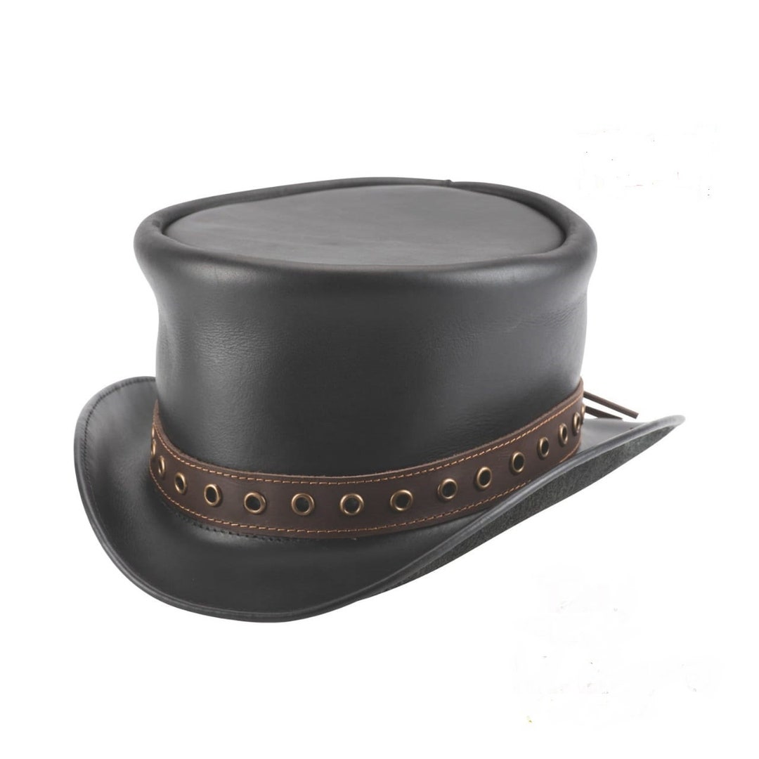 Black Leather Top Hat Handcrafted Top Hat Rings Strap Brown Band Gothic ...