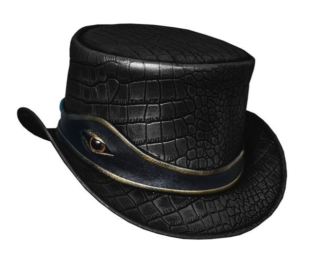 Black Leather Eye Band Top Hat Handcrafted Top Hat Crocodile Style ...