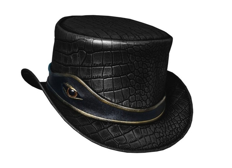 Black Leather Eye Band Top Hat Handcrafted Top Hat Crocodile Style ...