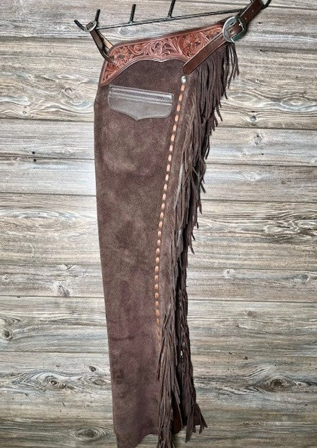 Men Chap Hand Crafted Tooled Yoke Native American Cowboy Style Suede ...