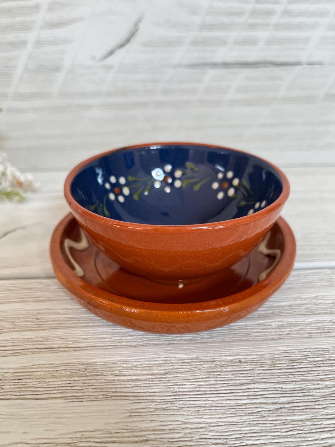 Vintage Hand Painted Terracotta Redware Bowl and Plate - Etsy