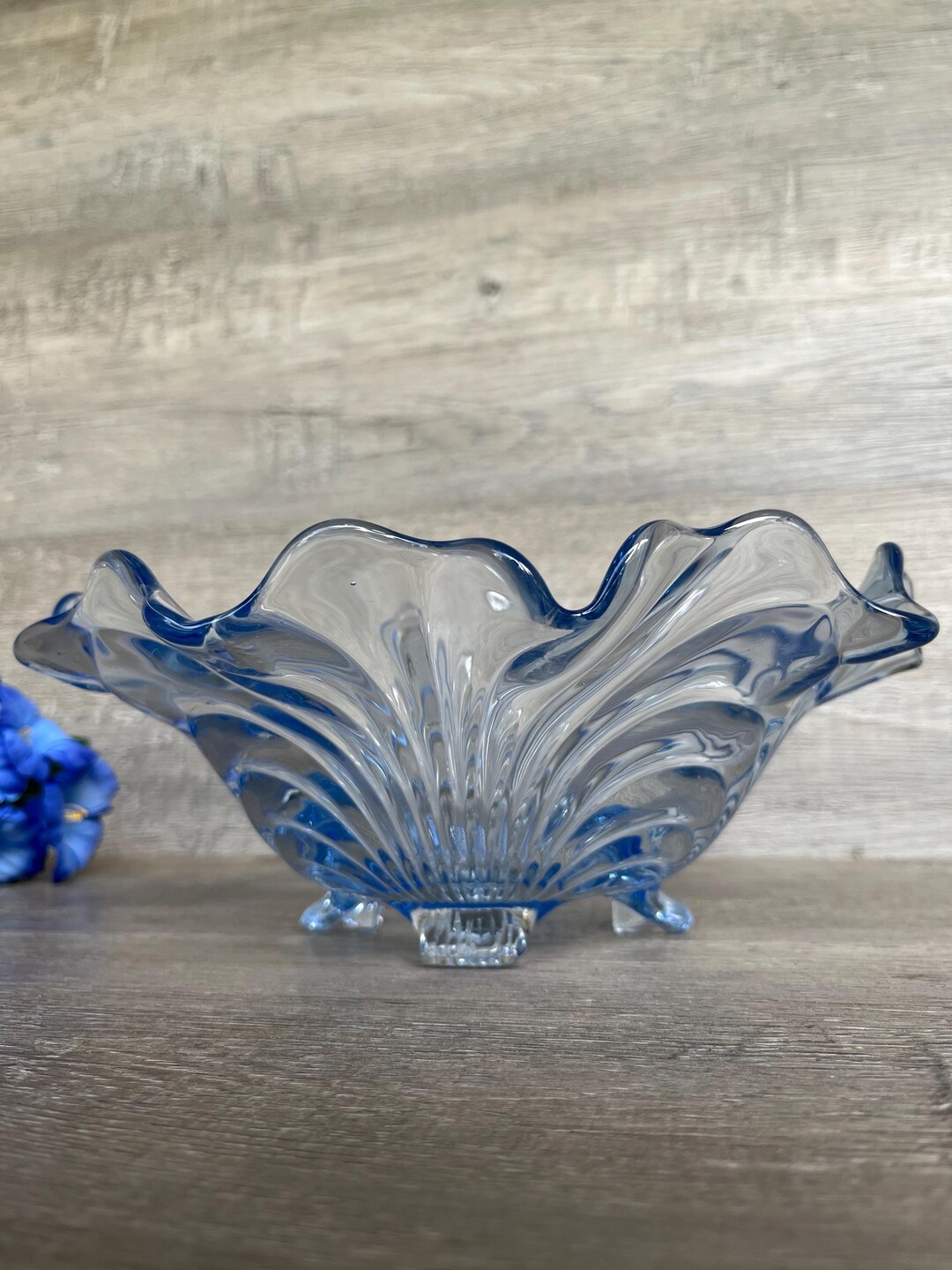 CAMBRIDGE CAPRICE MOONLIGHT Blue Footed Bowl, 1940’s Vintage Art Glass ...