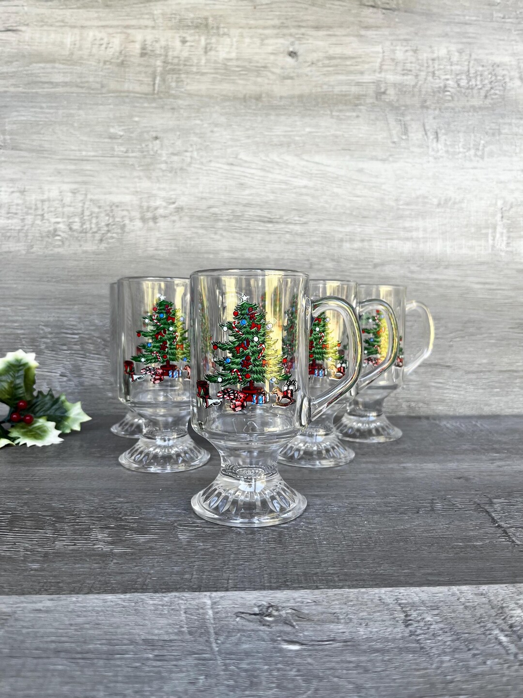 FOOTED CHRISTMAS MUG, Set of 6 Glass Eggnog Mug, Irish Coffee Mug ...