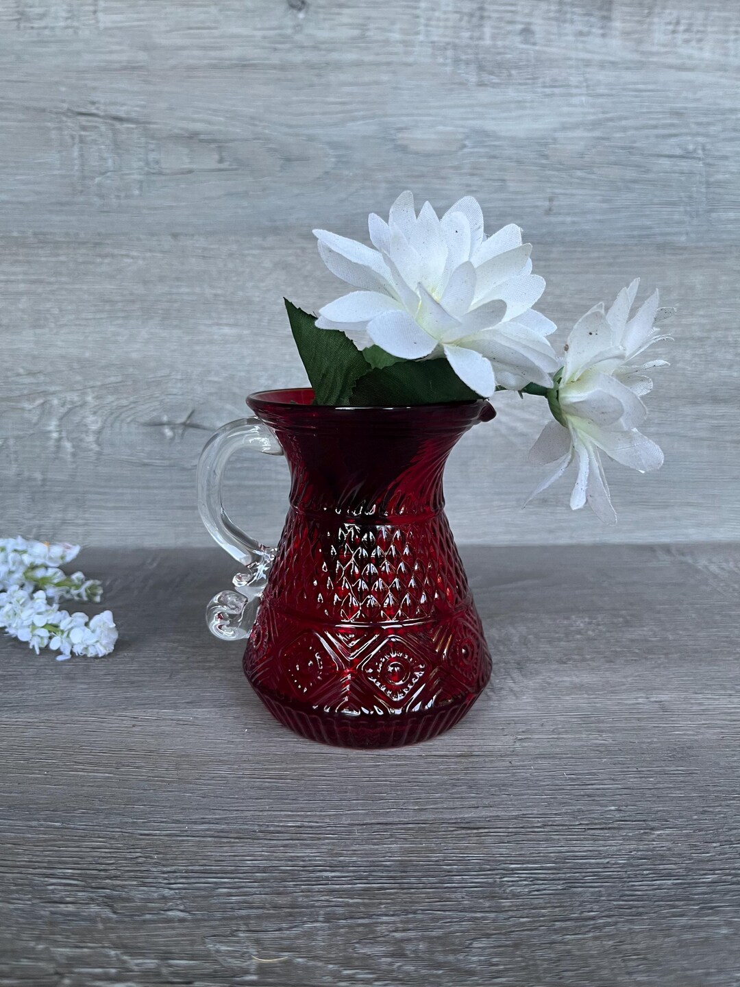 Vintage Pilgrim Glass Cranberry Pitcher: Bennington Pattern, Red ...