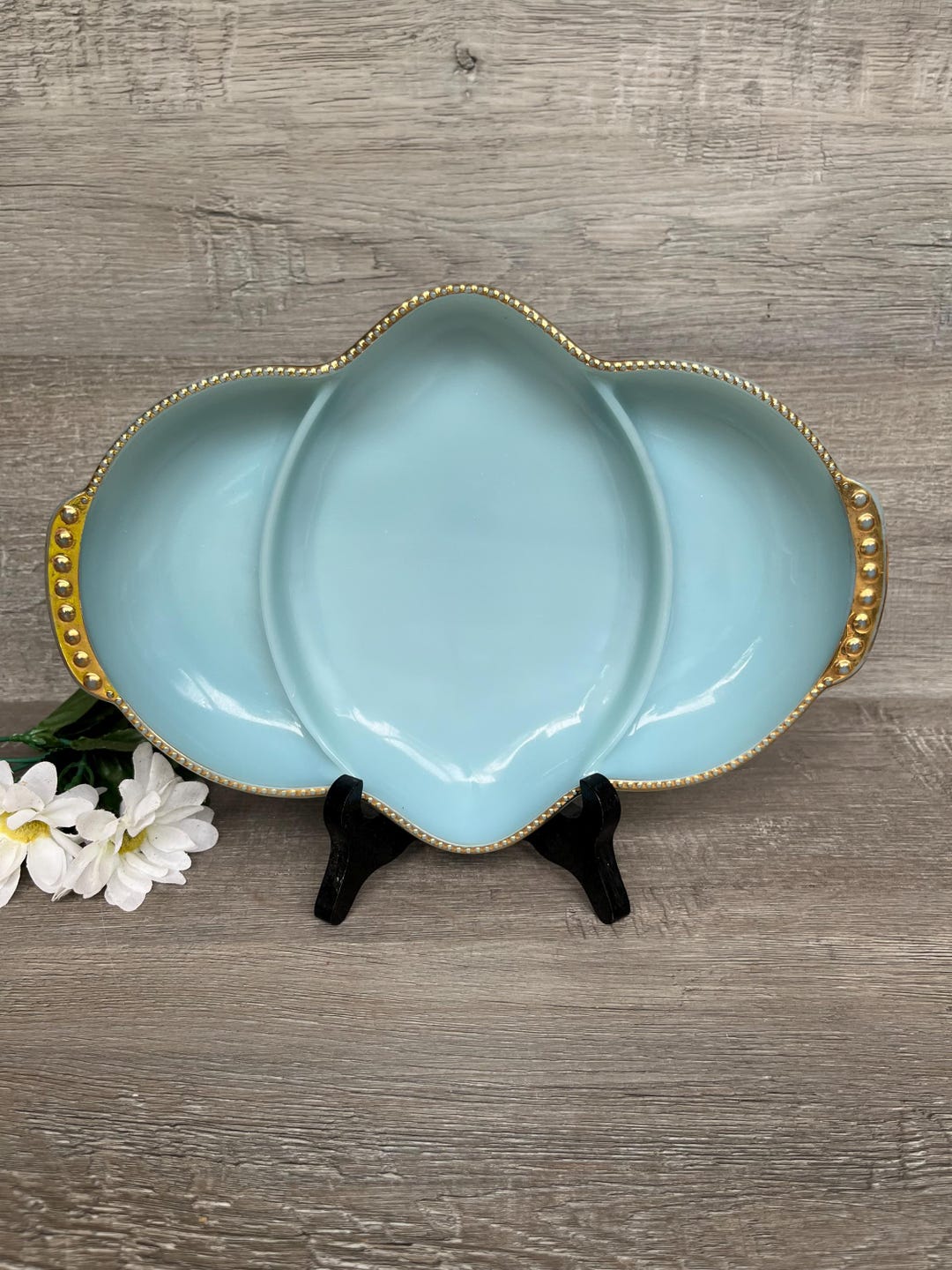 FIRE KING TURQUOISE Blue Milk Glass With Beaded Gold Trim, 1950's ...