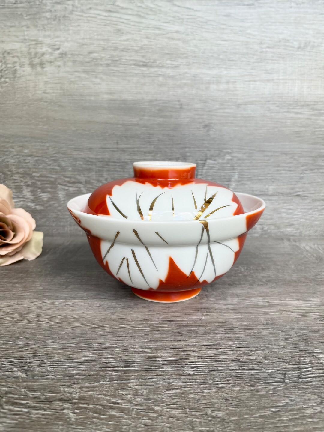 Porcelain Lidded Rice Soup Bowl, Miso Soup Bowl, Rust Orange/red With ...