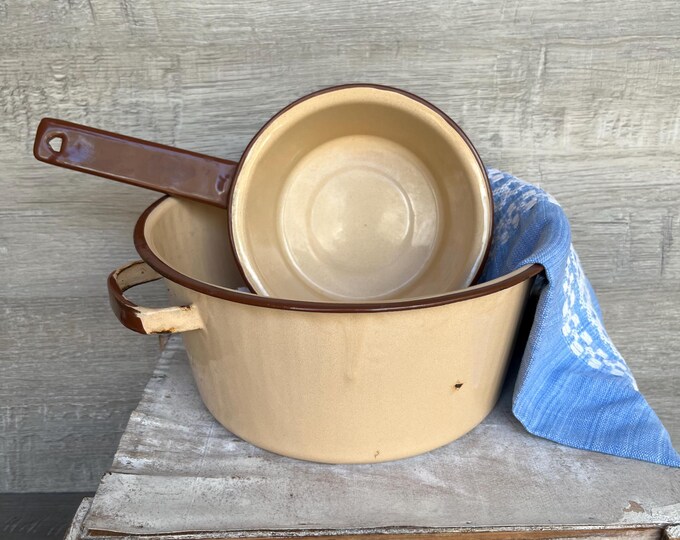 Vintage ENAMELWARE POT & SAUCEPAN, Tan/beige With Dark Brown Trim, Pot ...