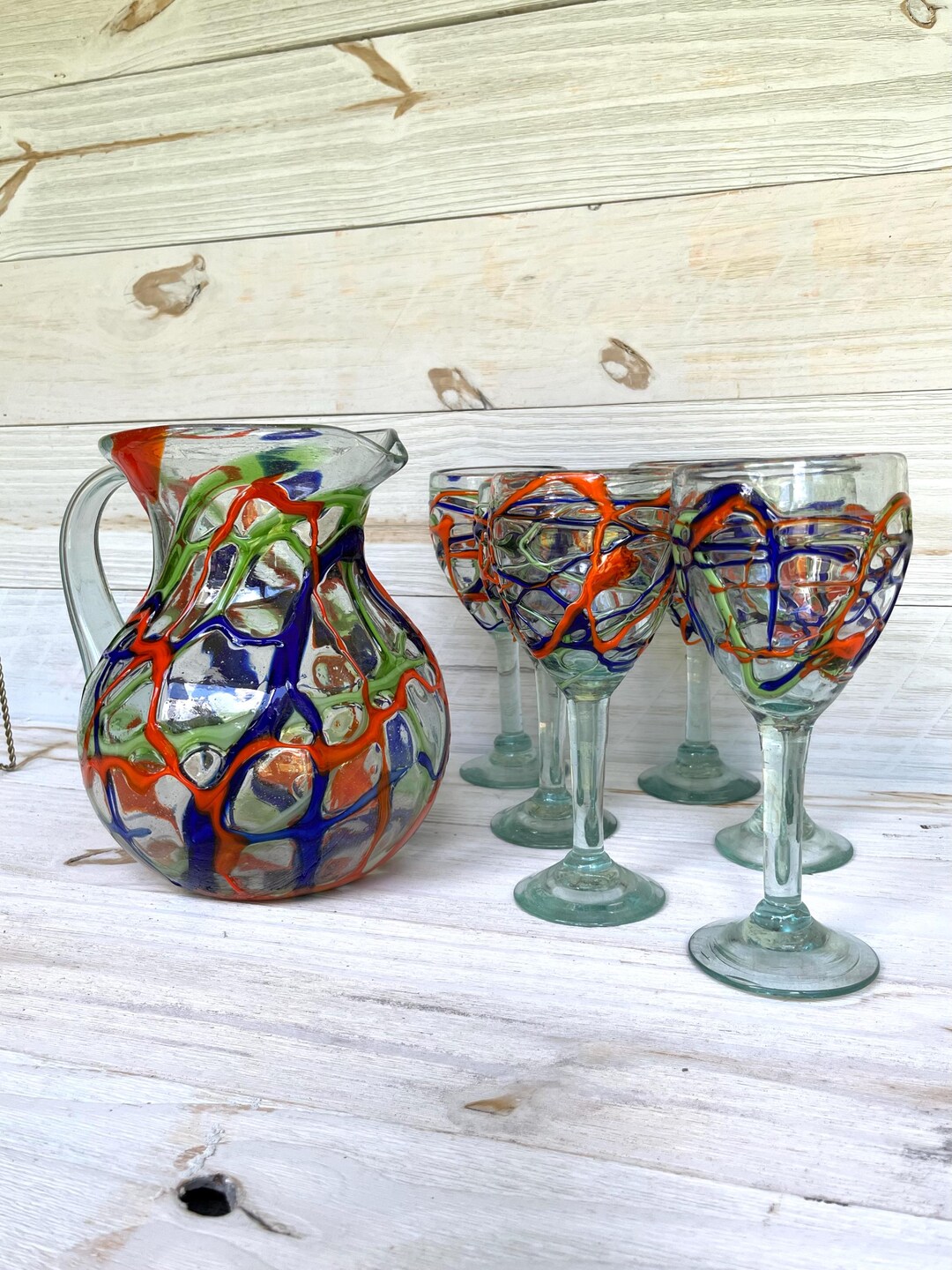 Hand Blown Mexican Glass Goblets or Pitcher: Bejines Art Glass - Etsy