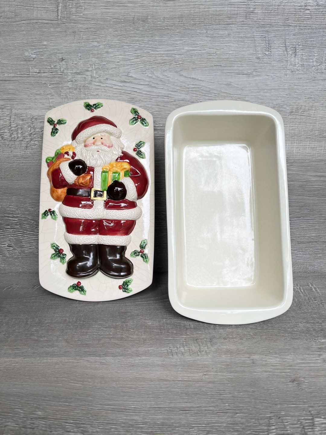 Vintage Santa CERAMIC LOAF PAN, 1990's New Debco Loaf Pan, Lidded ...