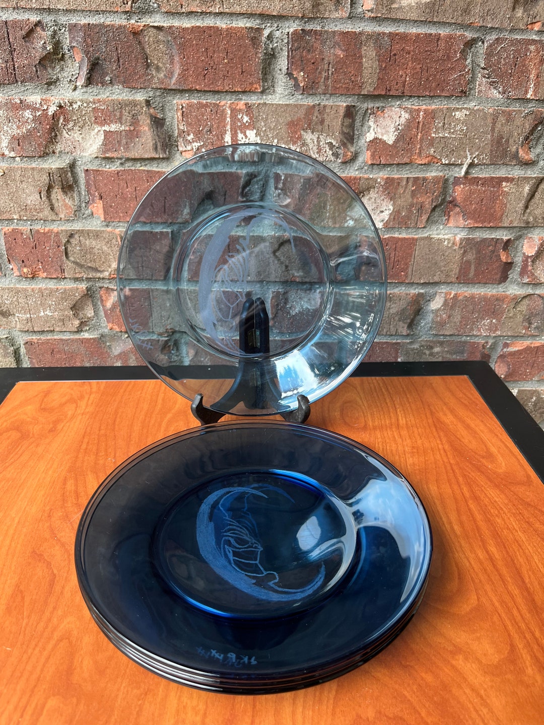 Blue Glass Plates 10 Inch, Artist Signed Etched Art half Moon Jester ...