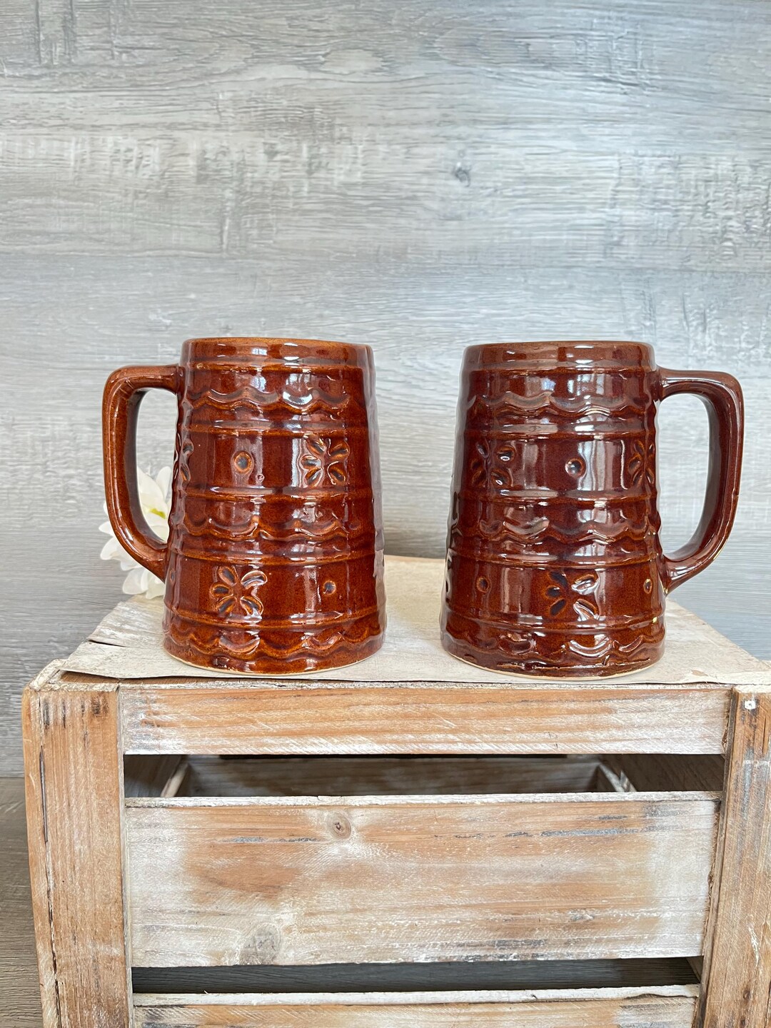 MAR-CREST STONEWARE Daisy Dot Pattern, Set of 2 Brown Glaze Steins ...