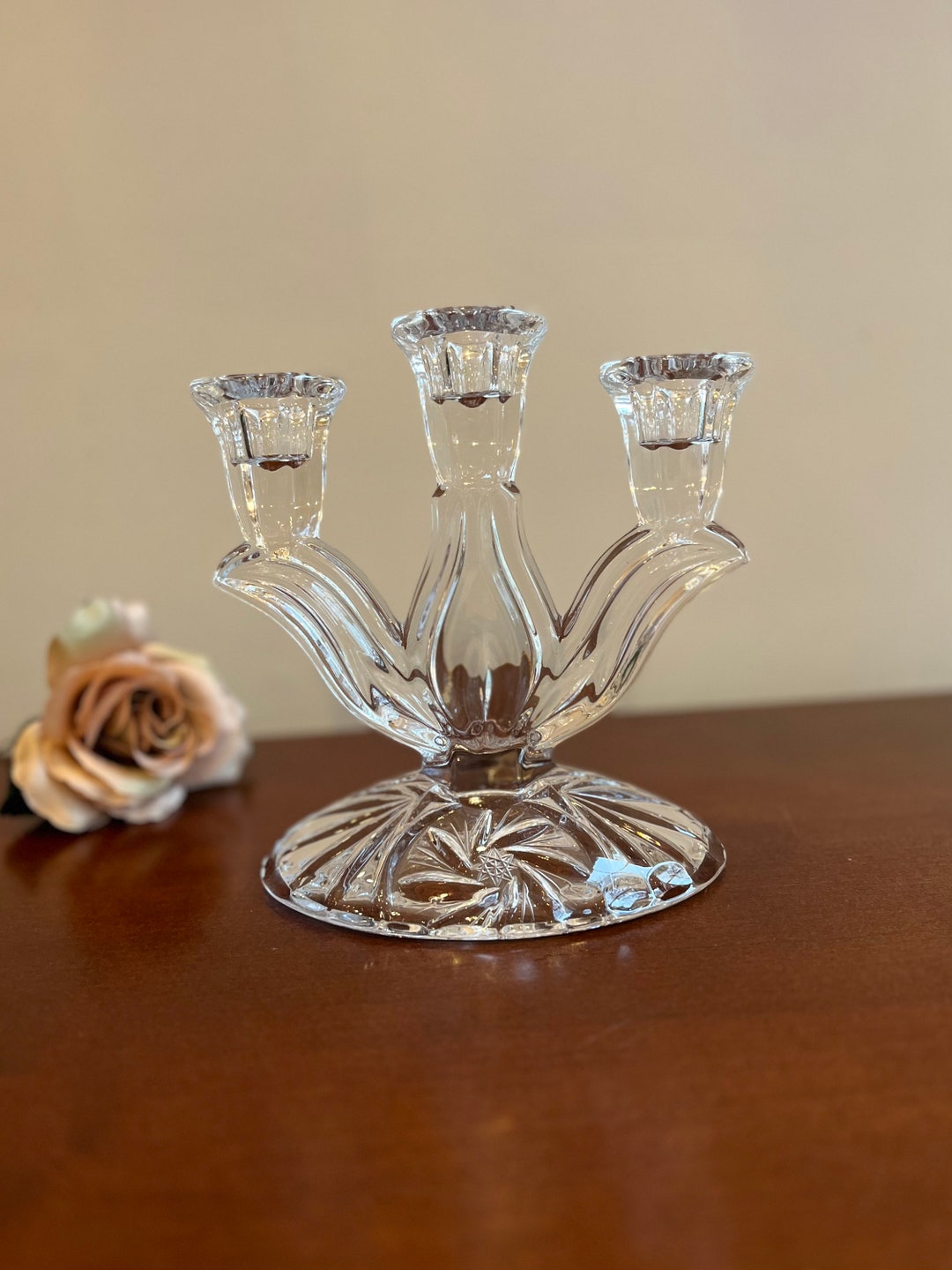 STAR DESIGN Lead Crystal Candelabra, Early American Prescut Glass, Very ...