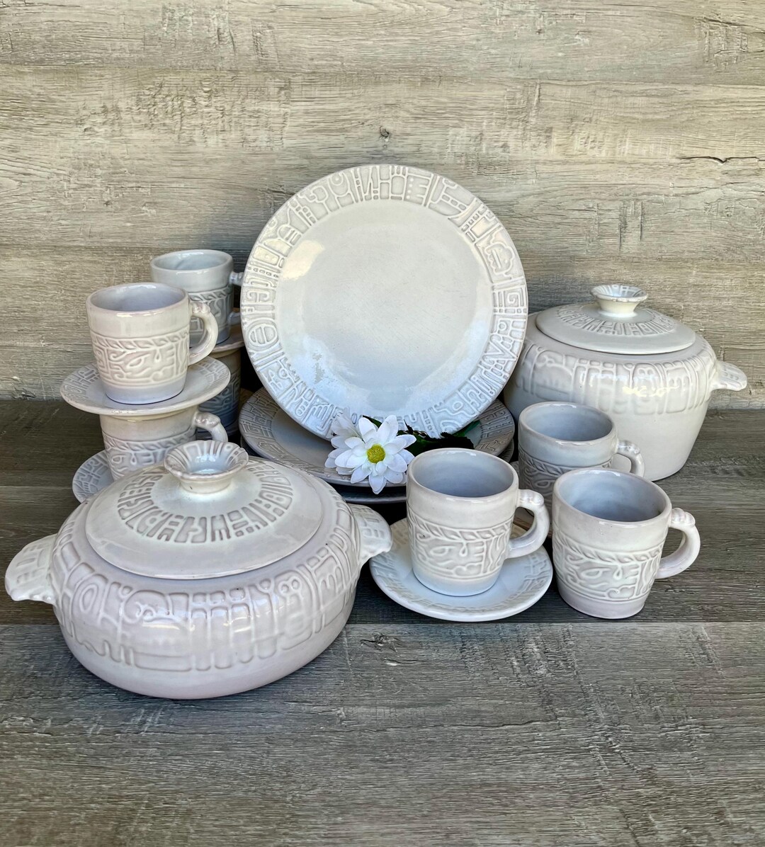 Cups & Saucers Only Left-frankoma MAYAN Aztec Line, White Sand Color ...
