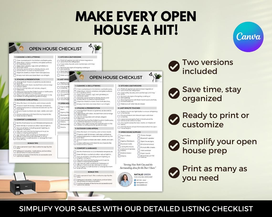 Real Estate Open House Checklist: Printable Agent Guide (canva Editable ...