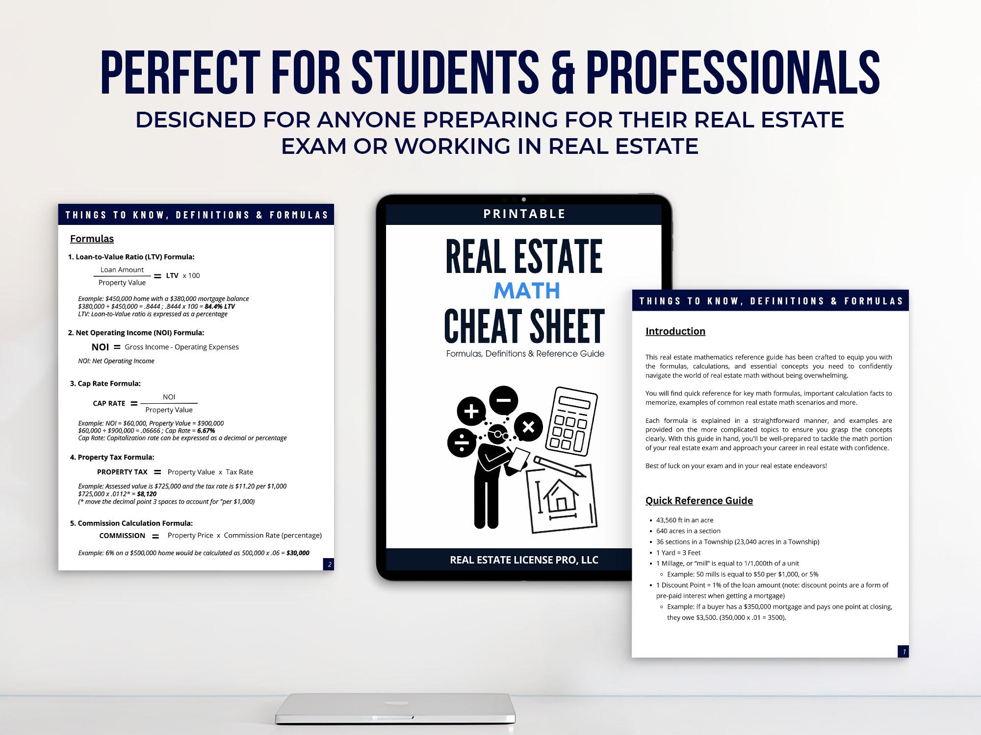 Real Estate Exam Math Cheat Sheet: Formulas & Definitions (PDF Download ...