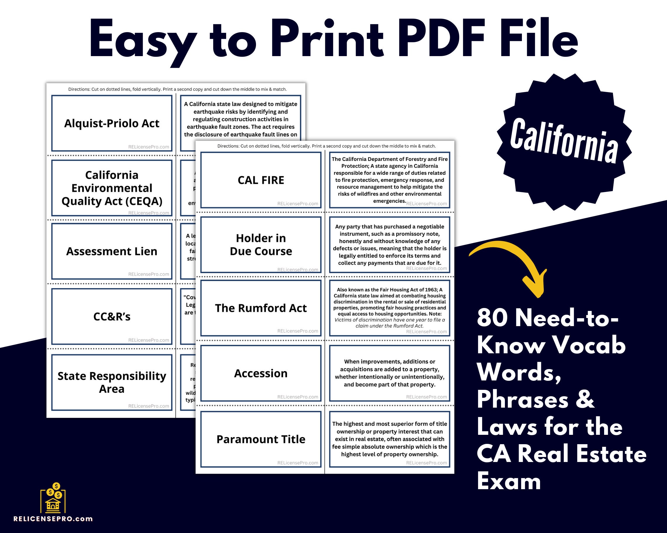 California Real Estate PRINTABLE Flashcards, Flashcards for the ...