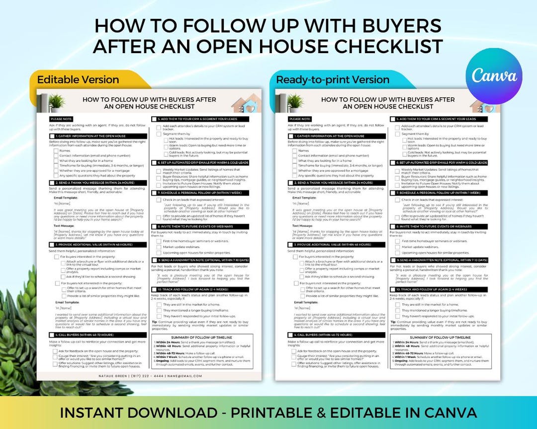Real Estate Open House Follow up Checklist (printable & Editable) - Etsy