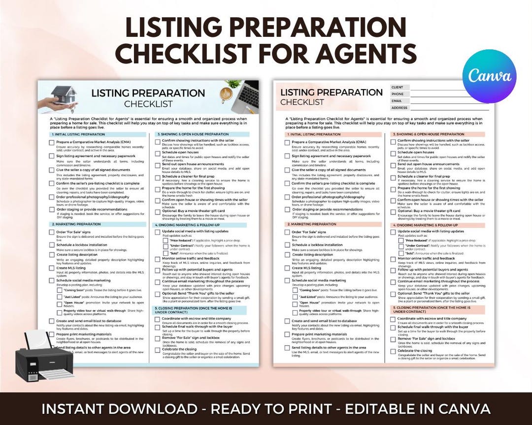 Listing Preparation Checklist, Editable & Printable Real Estate ...