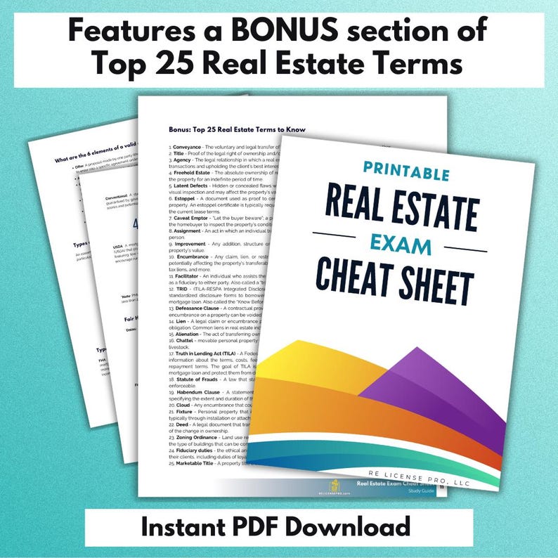 Real Estate Exam Cheat Sheet: 2025 Study Guide (printable PDF) - Etsy