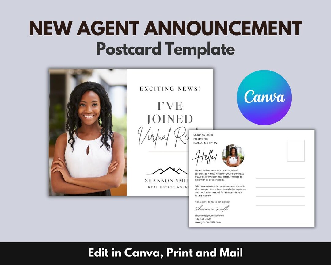 Real Estate Agent Announcement Postcard Template (canva Editable ...