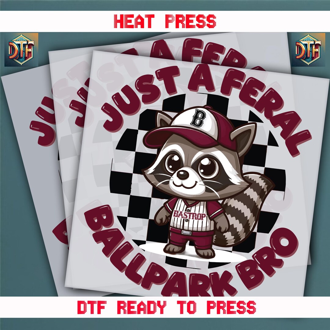 Just a Feral Ballpark Bro DTF Transfer | Cute Raccoon Baseball Mascot ...