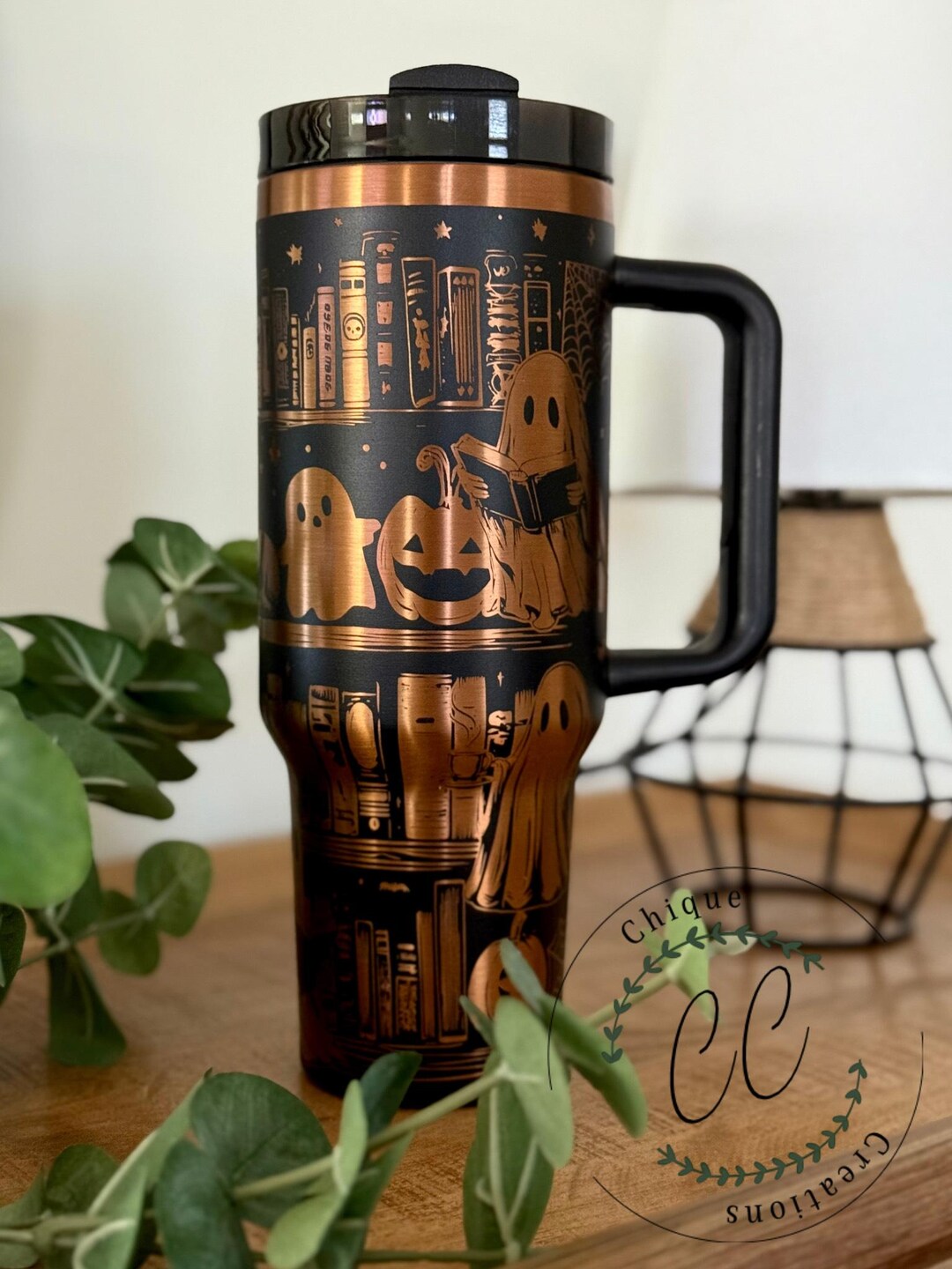 Laser Engraved Black and Copper Ghost With Books, Spooky, Cute, Tumbler ...