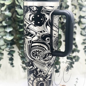 Laser Engraved Mechanic, Car Parts, Dad Cup, Tumbler With Handle, Lid ...