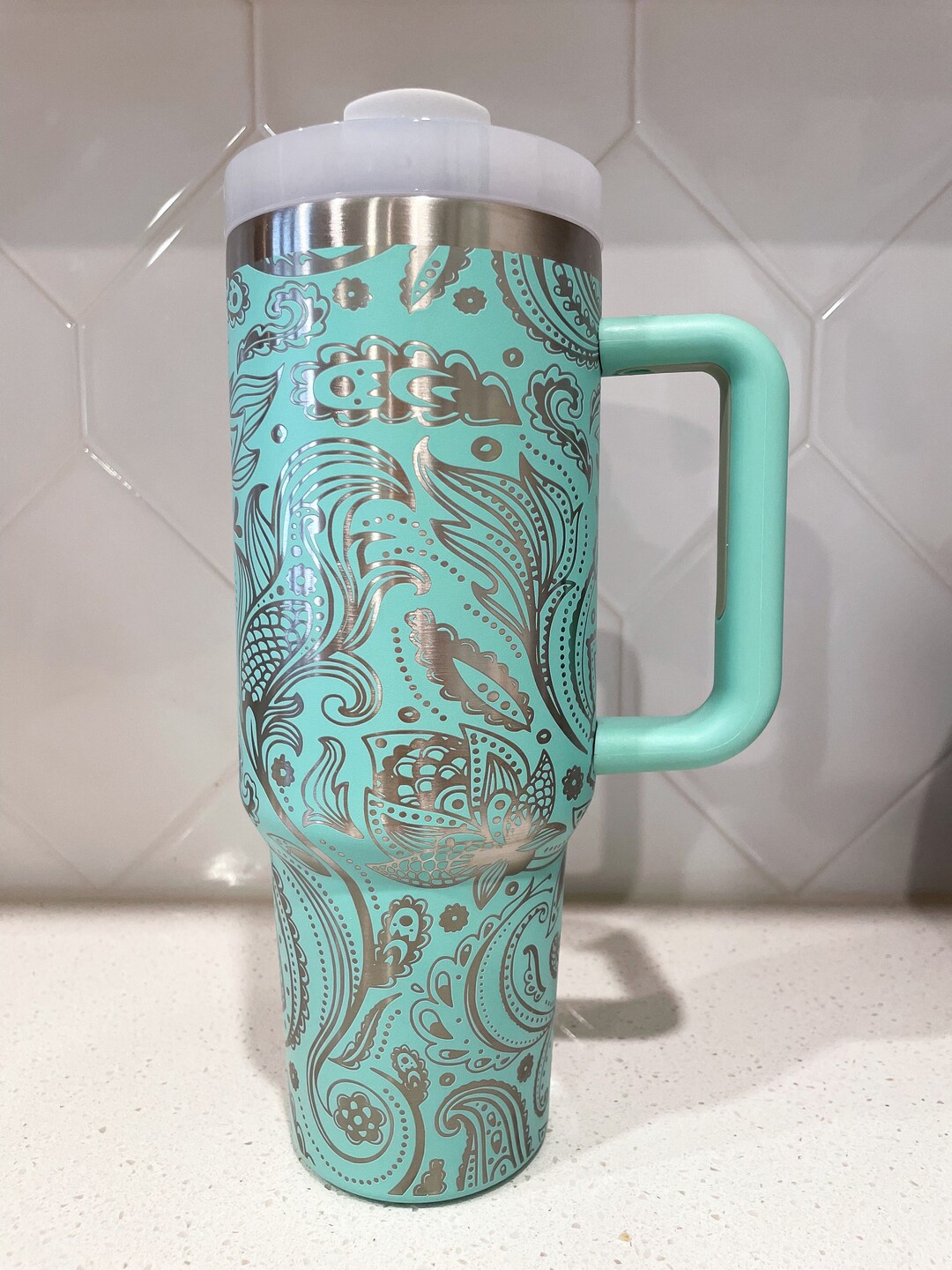 40oz Laser Engraved Paisley Tumbler With Handle, Lid, & Straw - Etsy