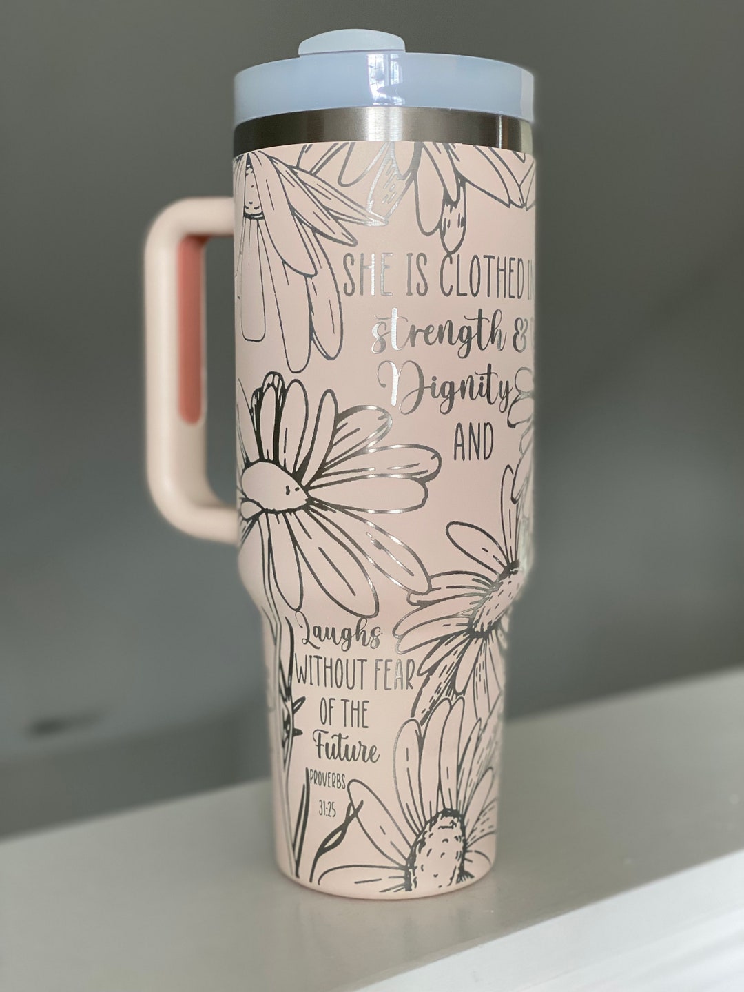 40oz Laser Engraved Floral Bible Verse Tumbler With Handle, Lid ...