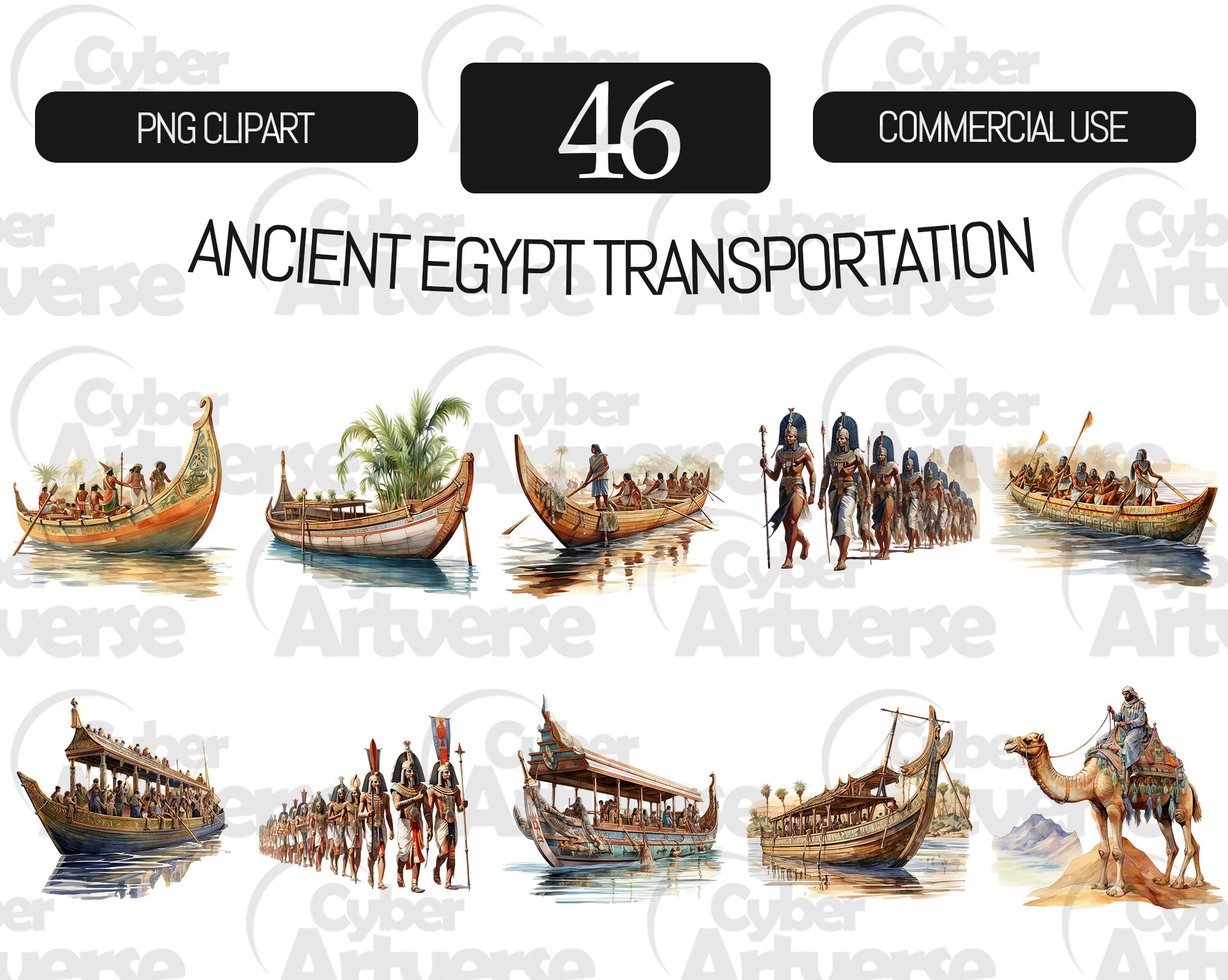 BIG BUNDLE Ancient Egyptian Transportation Watercolor Clipart Set Boats ...