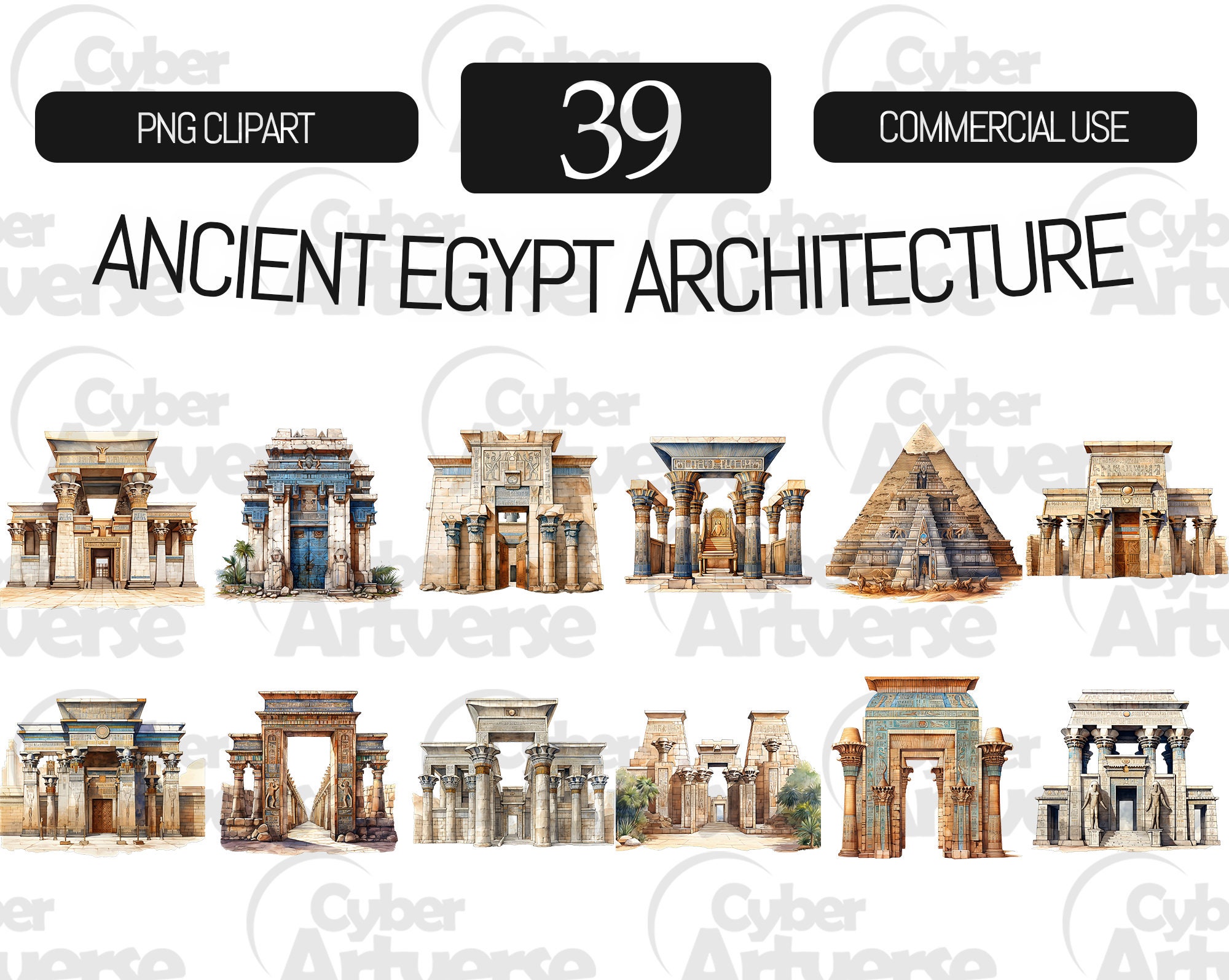 Ancient Egypt Architecture Watercolor Clipart: Pyramids & Temples (39 ...