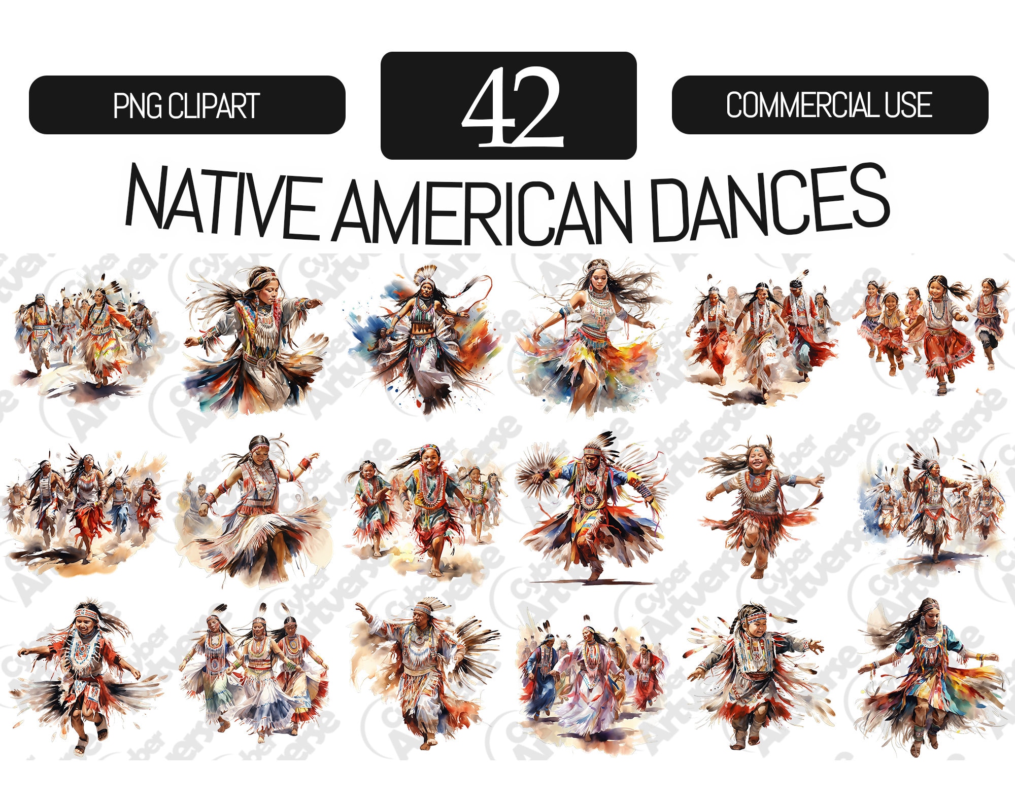 Native American Powwow Clipart Set: 42 PNG Dance Illustrations (digital ...