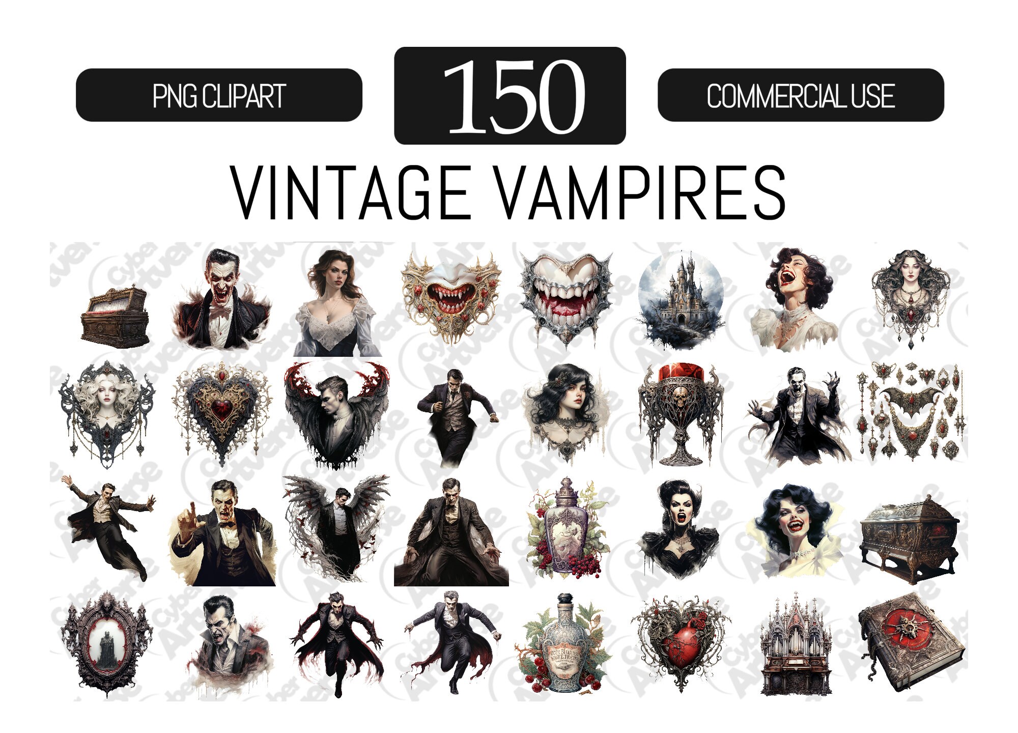 Vintage Vampires Clipart Bundle: Dracula, Roses, Hearts (PNG Digital ...