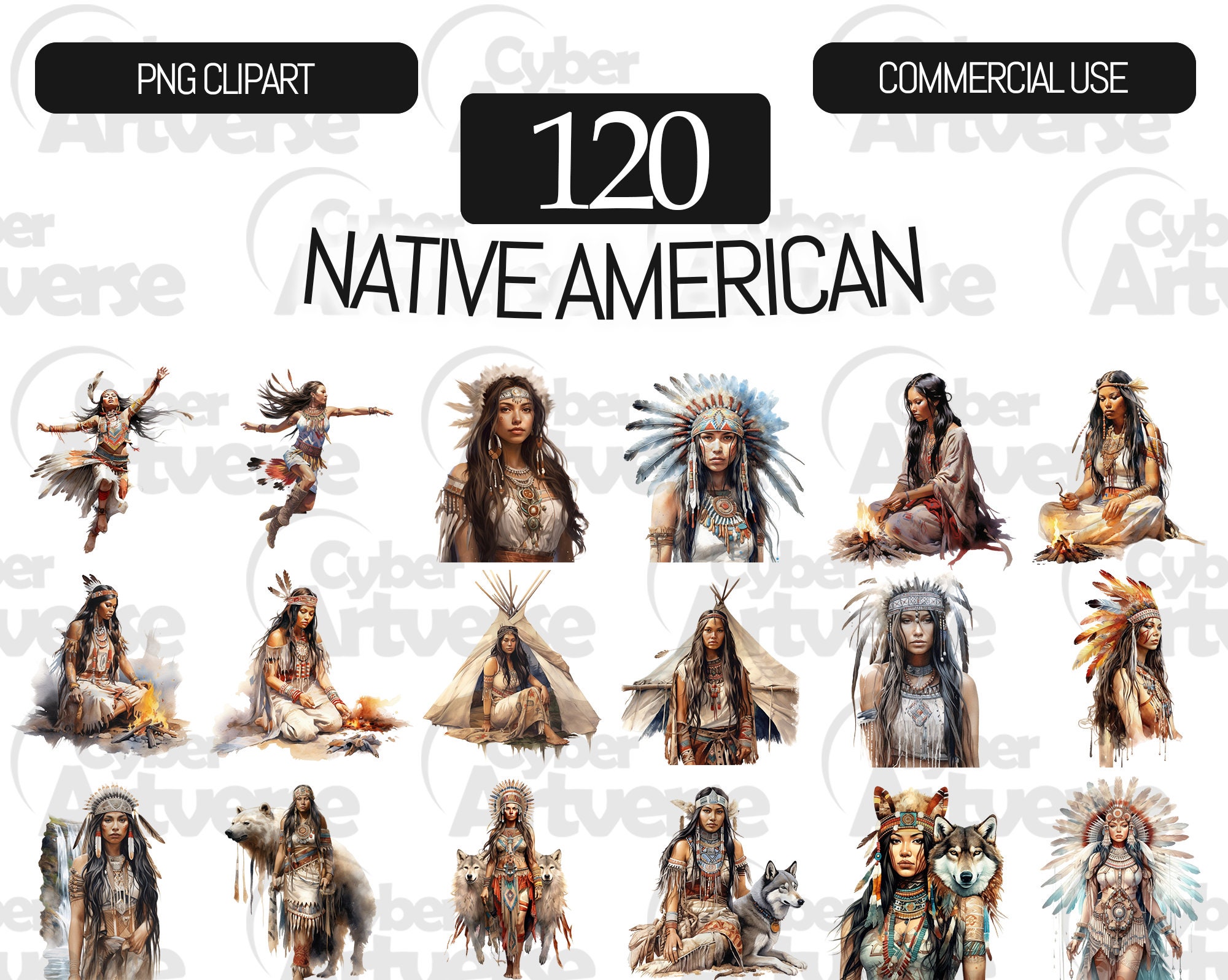 Native American Watercolor Clipart Set: 120 PNG Files (digital Download ...