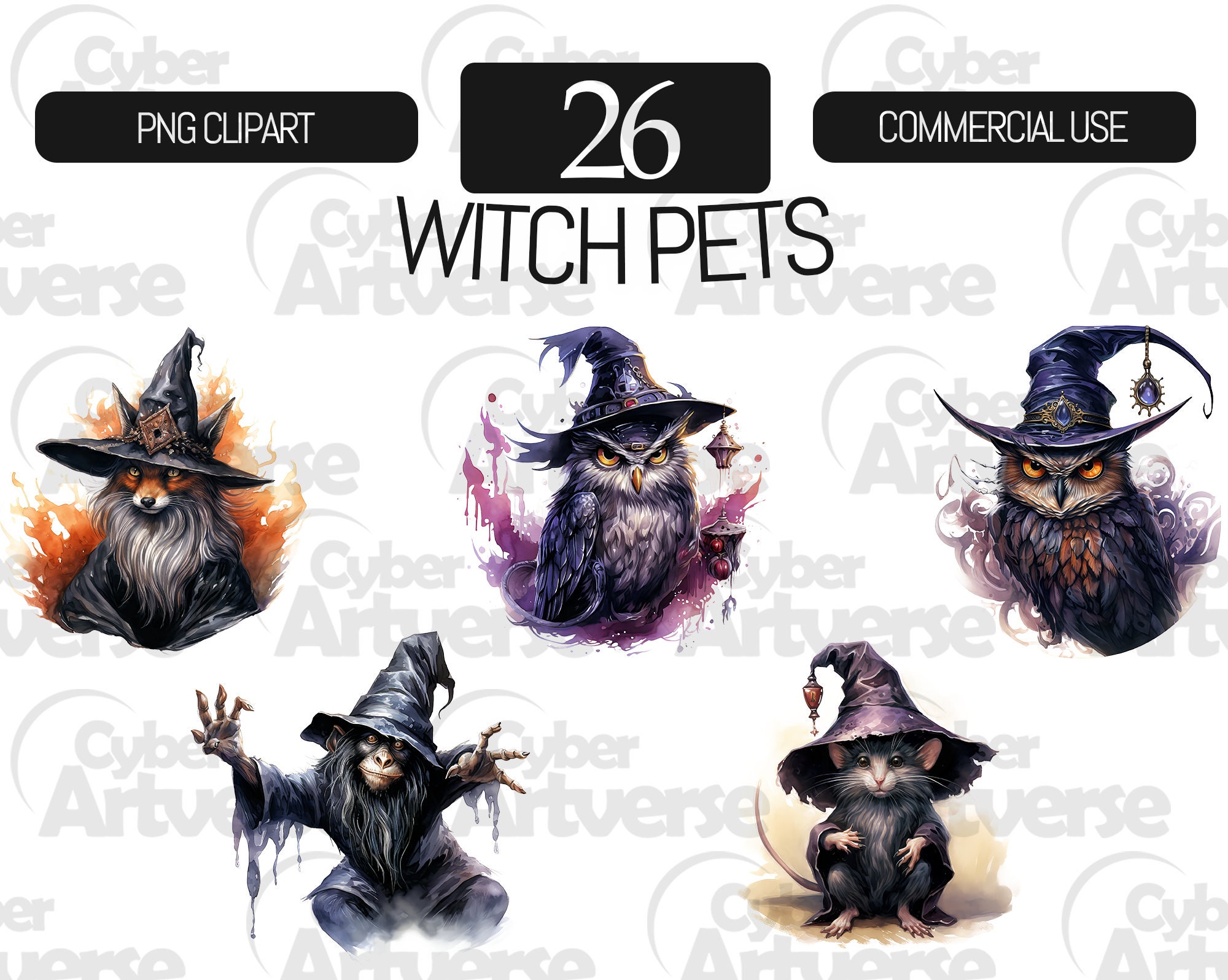 PNG BUNDLE Witch Pets Clipart Set Magical Fantasy Witchy - Etsy