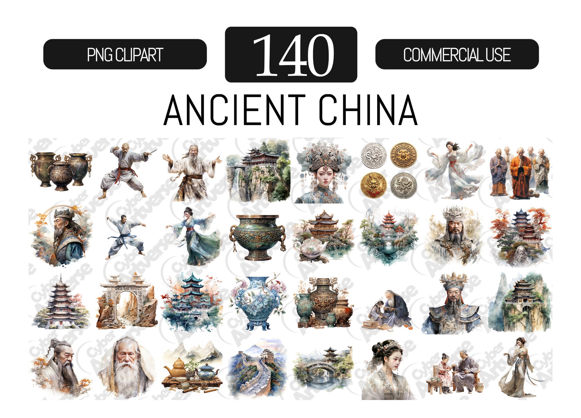 MEGA BUNDLE Ancient China Watercolor Clipart Set Emperors, Pagodas ...