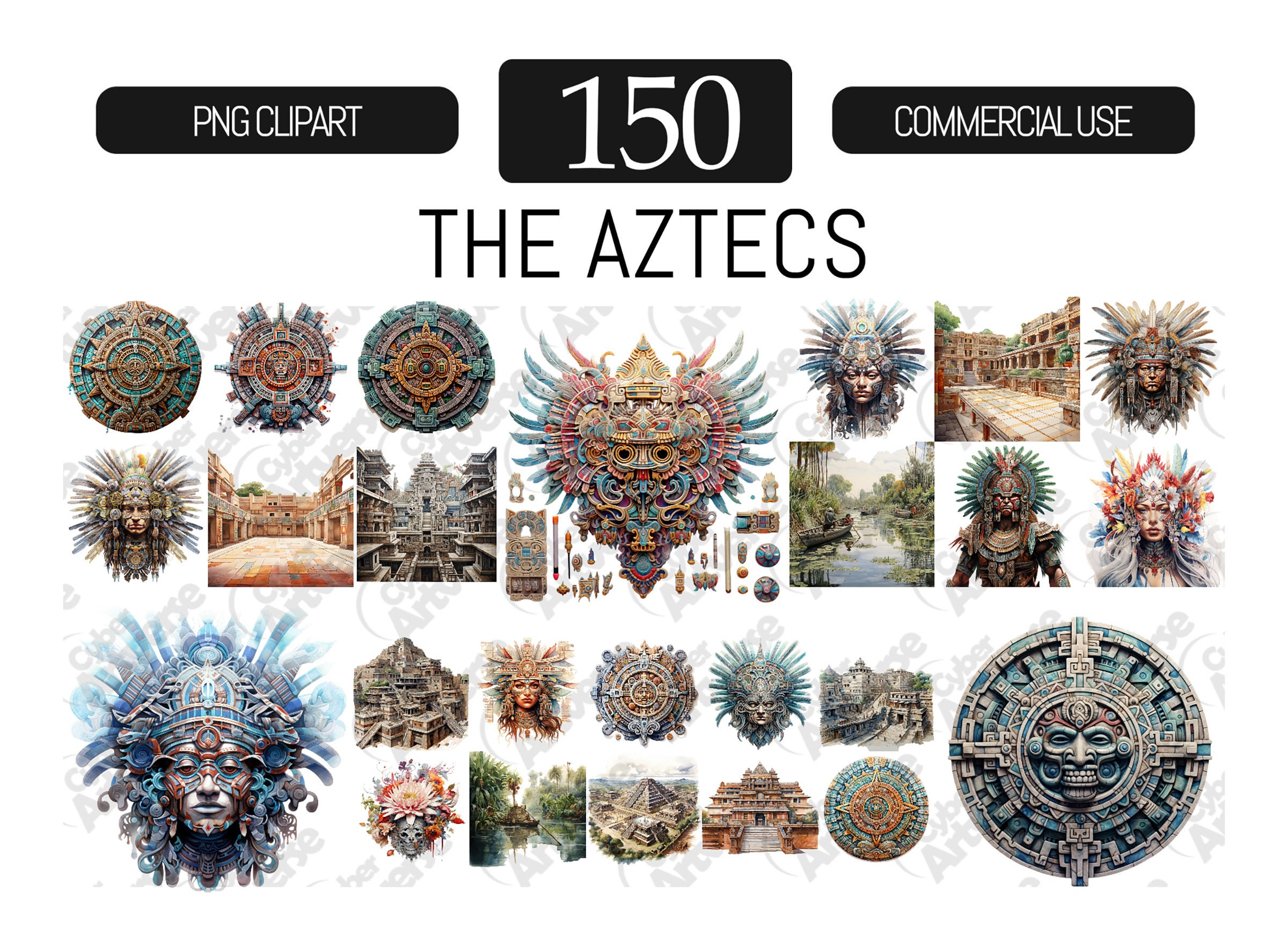 Aztec Watercolor Clipart Set: Mesoamerican Culture Graphics (PNG, 150 ...