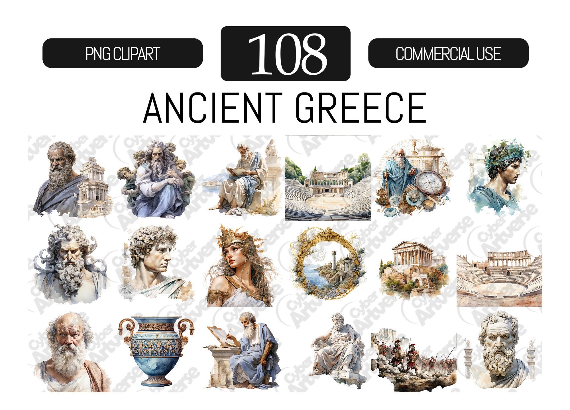 Ancient Greece Watercolor Clipart Set: Spartans, Athens (108 PNG Files ...