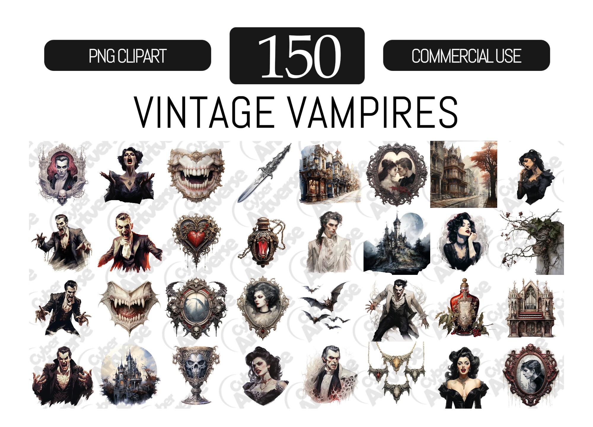 Vintage Vampires Clipart Bundle: Dracula, Roses, Hearts (PNG Digital ...