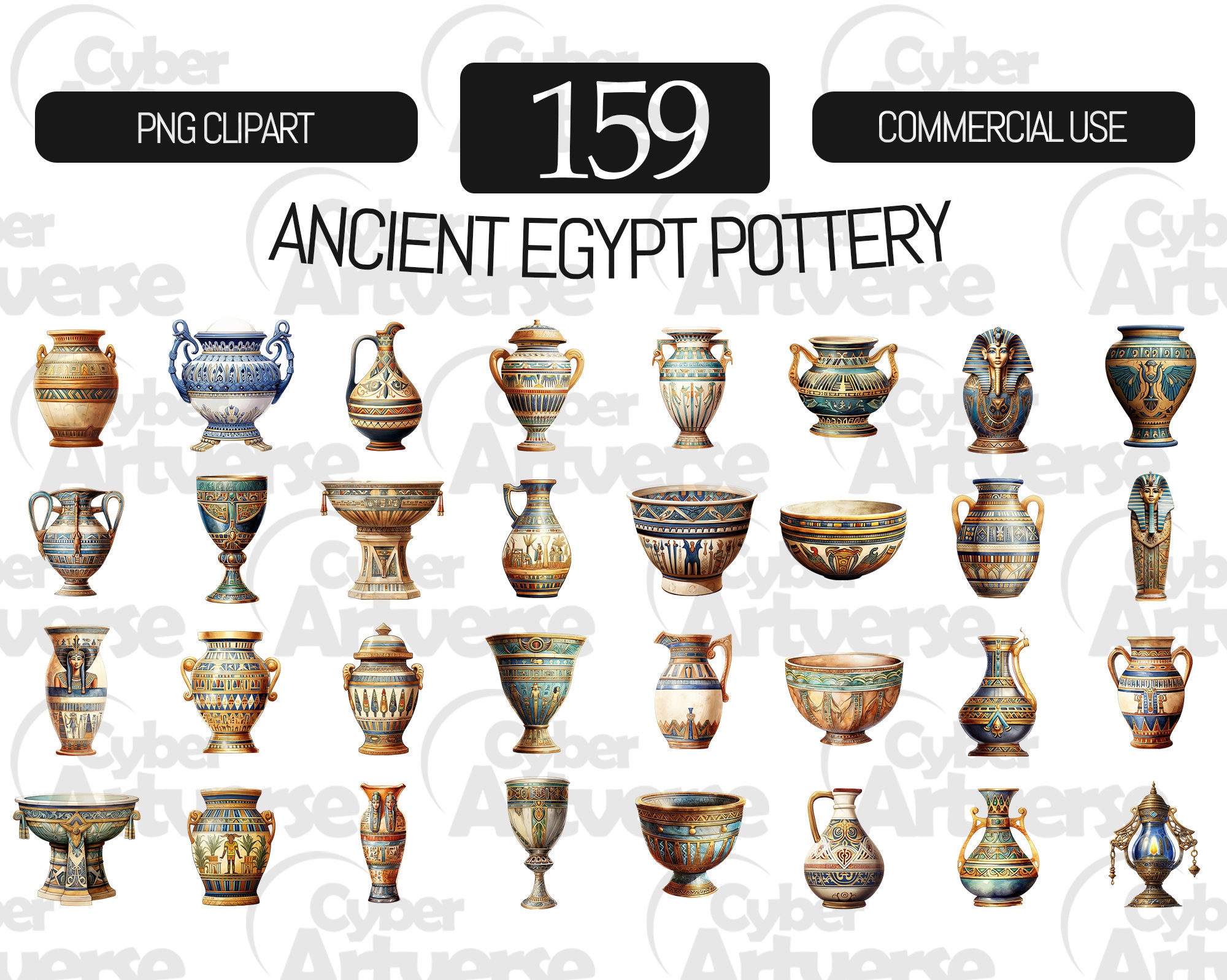 MEGA BUNDLE Ancient Egyptian Pottery Watercolor Clipart Set Vases ...