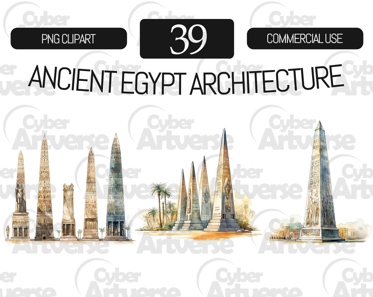 Ancient Egypt Architecture Watercolor Clipart: Pyramids & Temples (39 ...