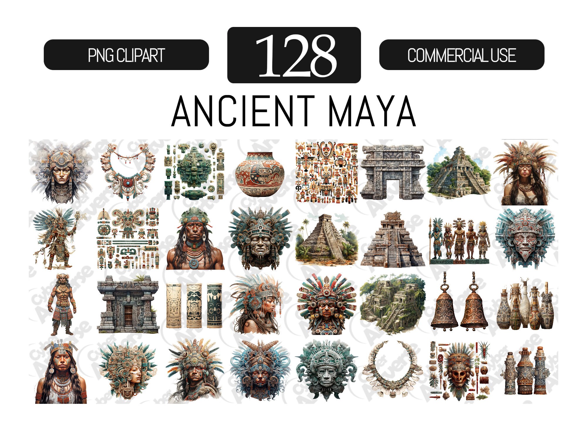 Ancient Maya Watercolor Clipart Set: Mayan Temples, Jungle & Tribes ...