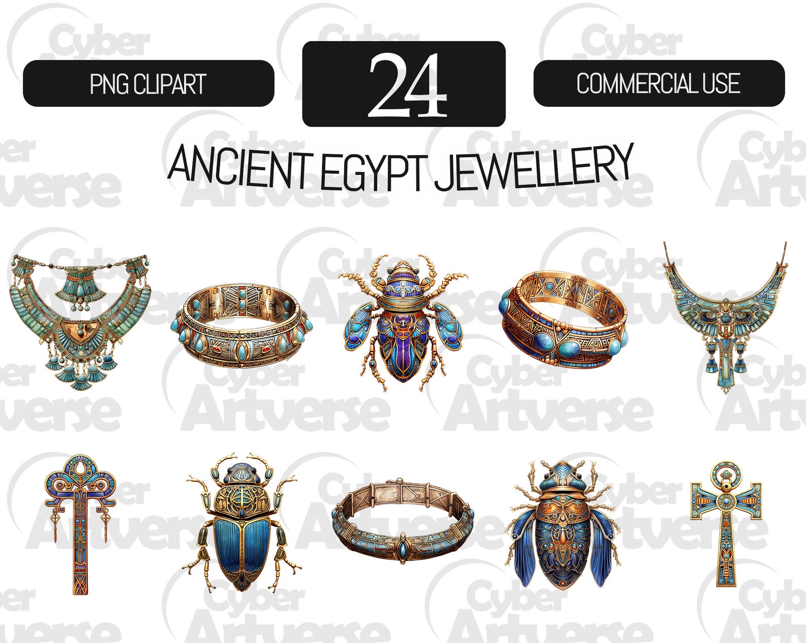 Ancient Egyptian Jewelry Clipart: Watercolor Amulets PNG Bundle (24 ...