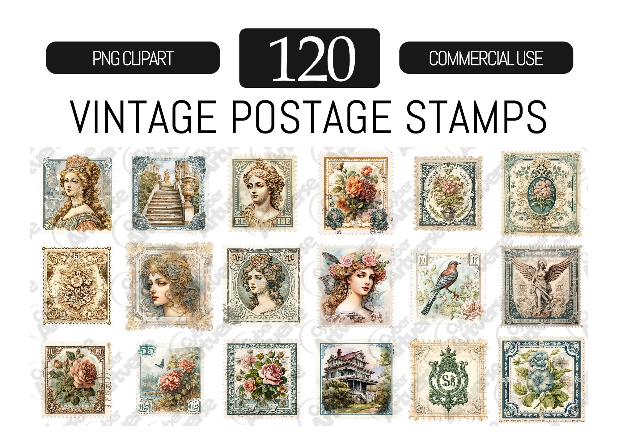 PNG Vintage Postage Stamps Clipart BIG Bundle Old, Classic, Charming ...